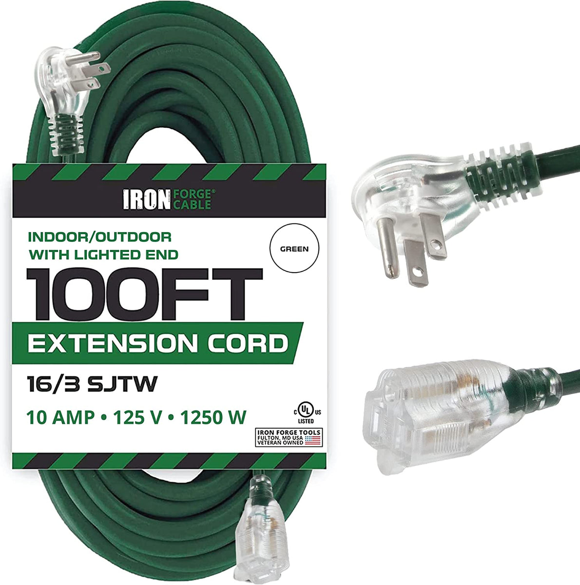100 FT Lighted Outdoor Extension Cord- Flat End 3 Prong Outlet - 16 Ga ...
