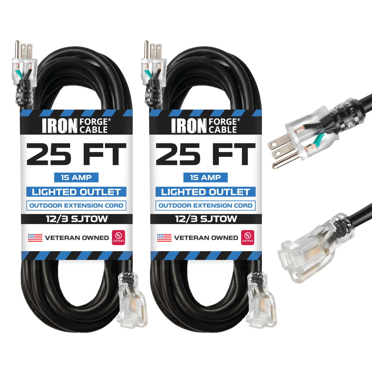 Lighted Outdoor Extension Cord 25 ft 2 Pack - 12 Gauge 15 Amp Heavy Du ...