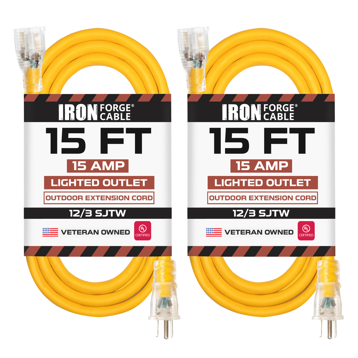 Lighted Outdoor Extension Cord 15 ft 2 Pack - 12 Gauge 15 Amp Heavy Du ...