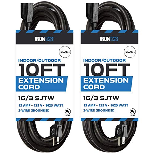 2 Pack of 10 Ft Outdoor Extension Cords - 16/3 Durable Black Extension ...