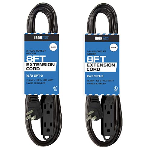 2 Pack of 8 Ft Extension Cords with 3 Electrical Power Outlets - 16/3 ...