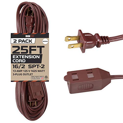 25 Ft Brown Extension Cord 2 Pack - 16/2 Durable Electrical Cable ...