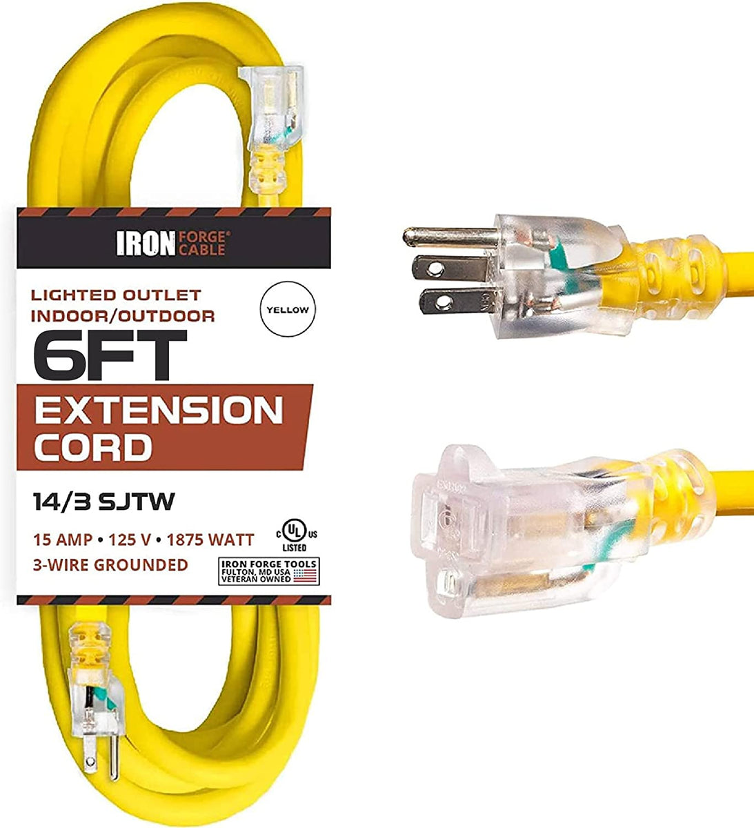6 Foot Lighted Outdoor Extension Cord - 14/3 SJTW Heavy Duty Yellow Ex ...