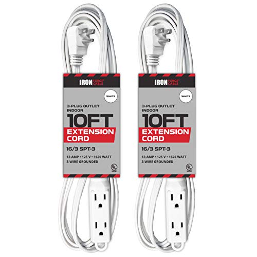 2 Pack of 10 Ft Extension Cords with 3 Electrical Power Outlets - 16/3 ...