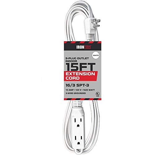 15 Ft Extension Cord with 3 Electrical Power Outlet - 16/3 Durable Whi ...