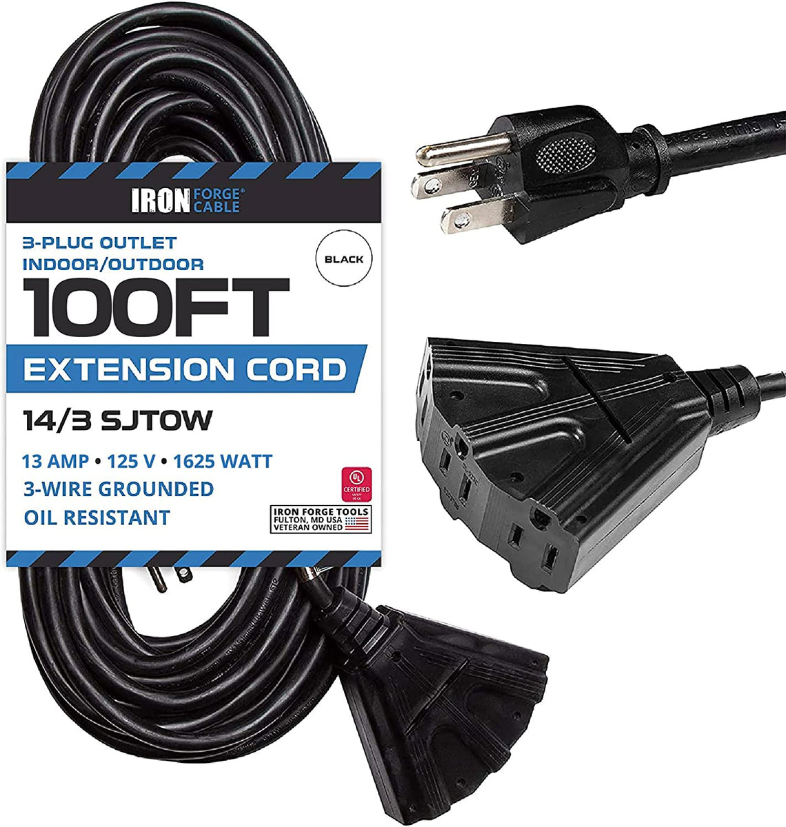 100 Ft Heavy Duty Extension Cord- 3 Outlets- 14 Gauge- Black – Iron ...