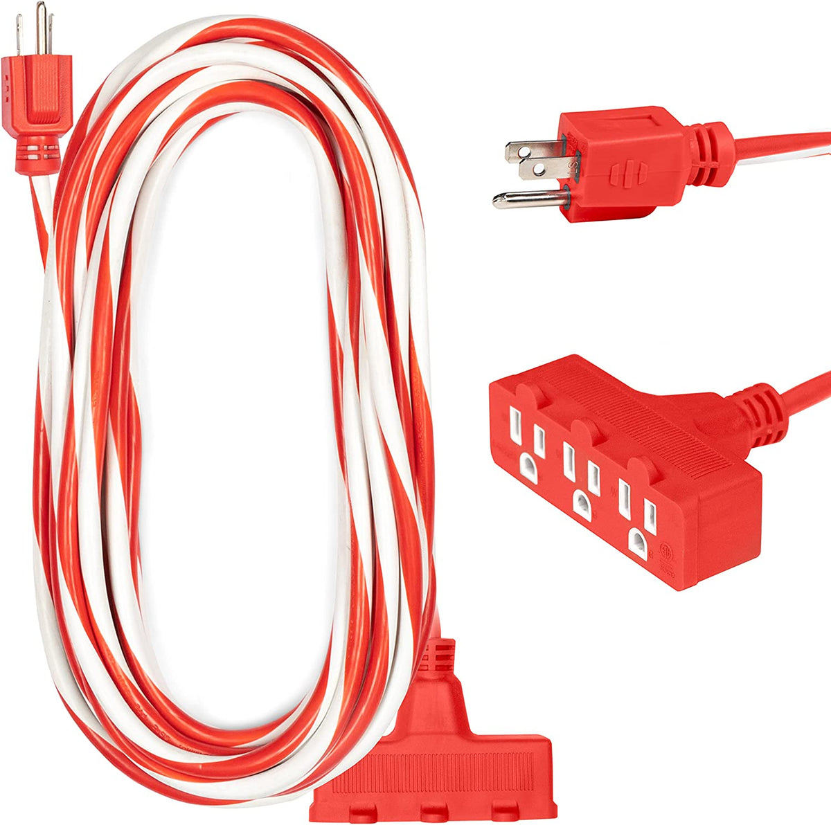 25 Ft Outdoor Candy Cane Extension Cord with 3 Electrical Power Outlet ...