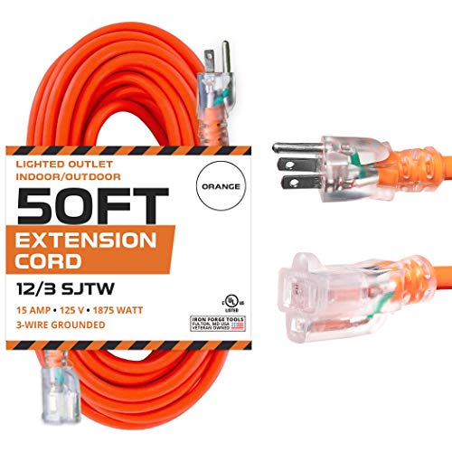 50 Ft Orange Extension Cord - 12/3 SJTW Heavy Duty Lighted Outdoor Ext ...