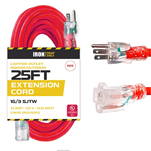 25 Ft Red Extension Cord - 16/3 SJTW Lighted Outdoor High Visibility E ...