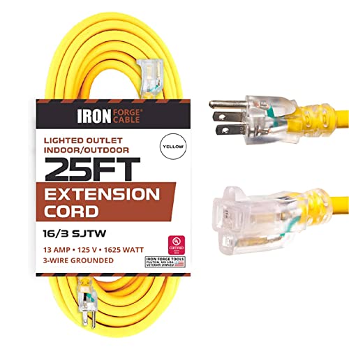 25 Ft Yellow Extension Cord - 16/3 SJTW Lighted Outdoor High Visibilit ...