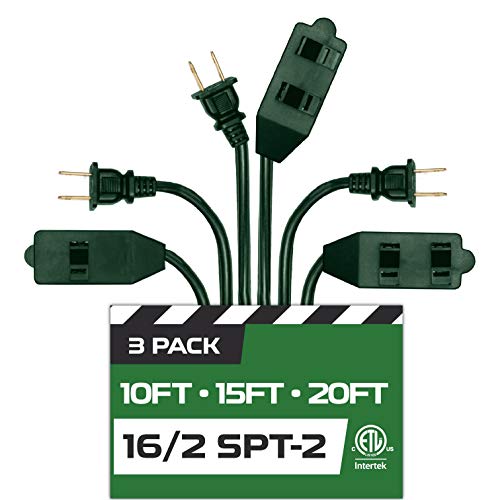 Green Extension Cord 3 Pack, 10ft 15ft & 20ft - 16/2 Durable Electrica ...