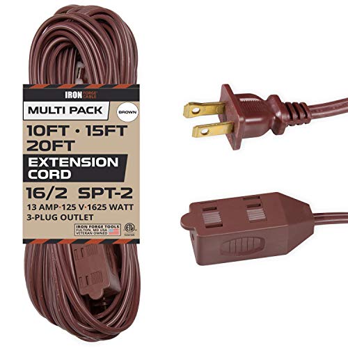 Brown Extension Cord 3 Pack, 10ft 15ft & 20ft - 16/2 Durable Electrica ...