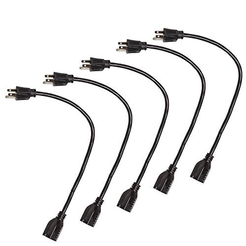 5 Pack of 1 Foot Black Extension Cords - 16/3 SJT Durable Electrical E ...