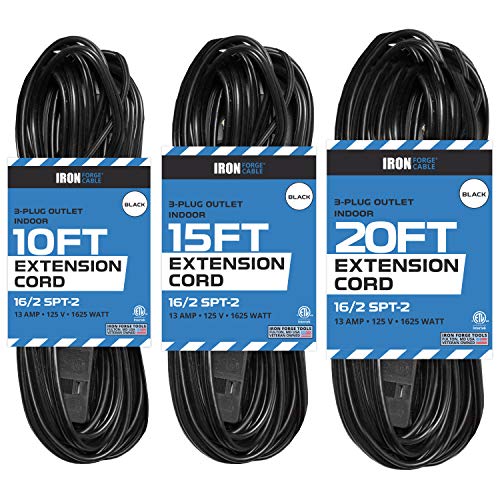 Black Extension Cord 3 Pack, 10ft 15ft & 20ft - 16/2 Durable Electrica ...