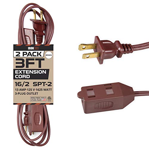 3 Ft Brown Extension Cord 2 Pack - 16/2 Durable Electrical Cable – Iron ...